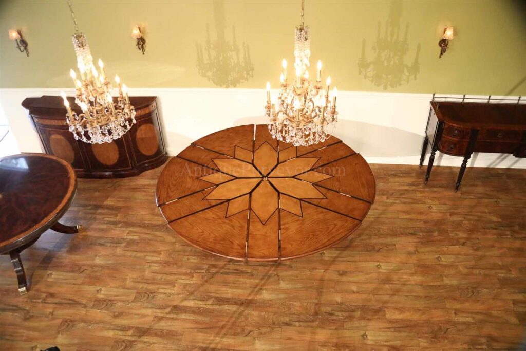 Arts and crafts round dining table with self storing leaves