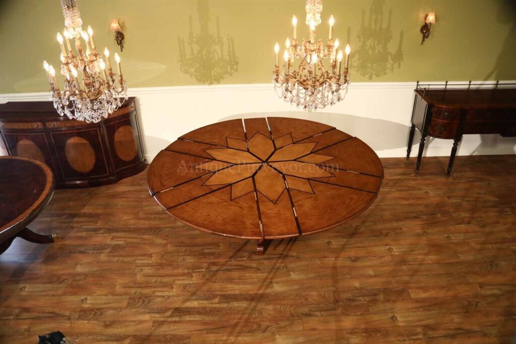 Arts and crafts round dining table with self storing leaves