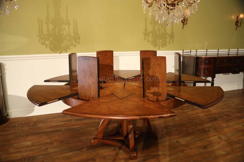 Arts and crafts round dining table with self storing leaves