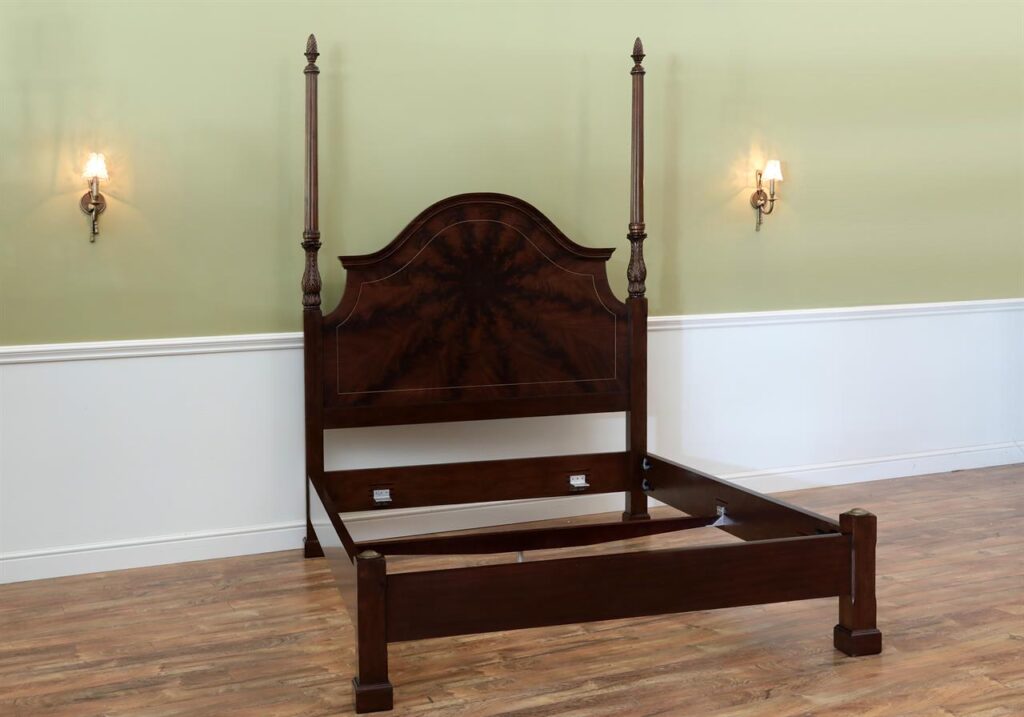 High-end dark wood queen poster bed, flame mahogany headboard