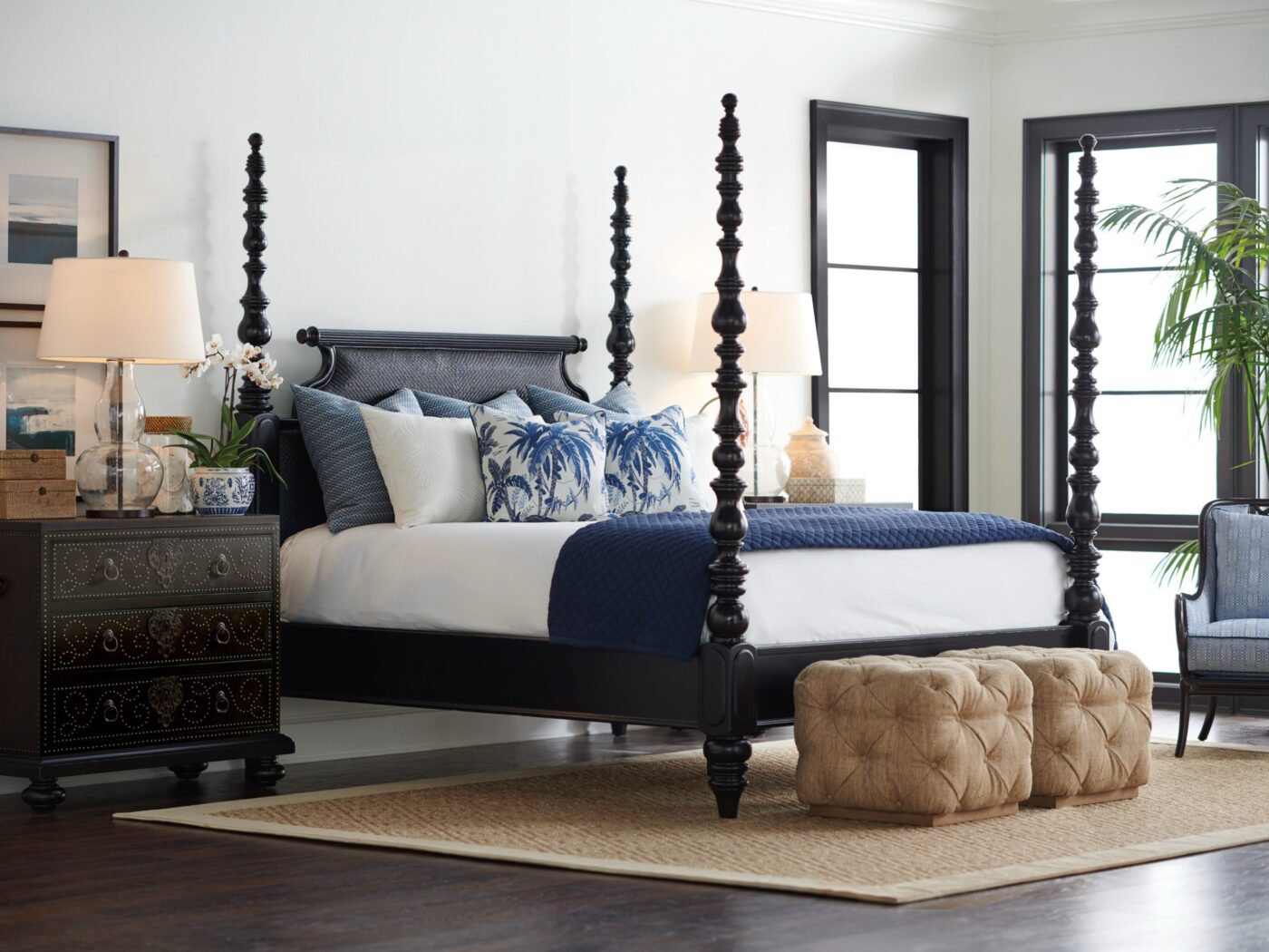 Dark Mahogany Poster Bed With Four Posts, Woven Cane Headboard and Canapy